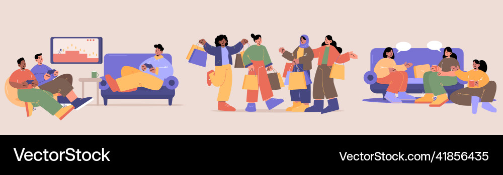 Friends Gaming and Shopping Together Royalty Free Vector