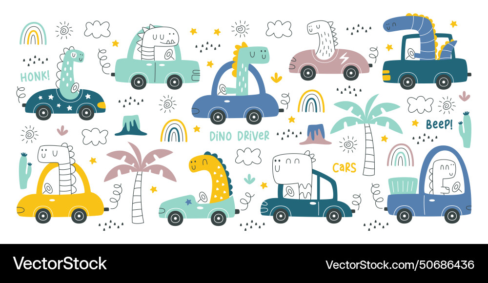 Cute childish dinosaur drivers racing at steering Vector Image