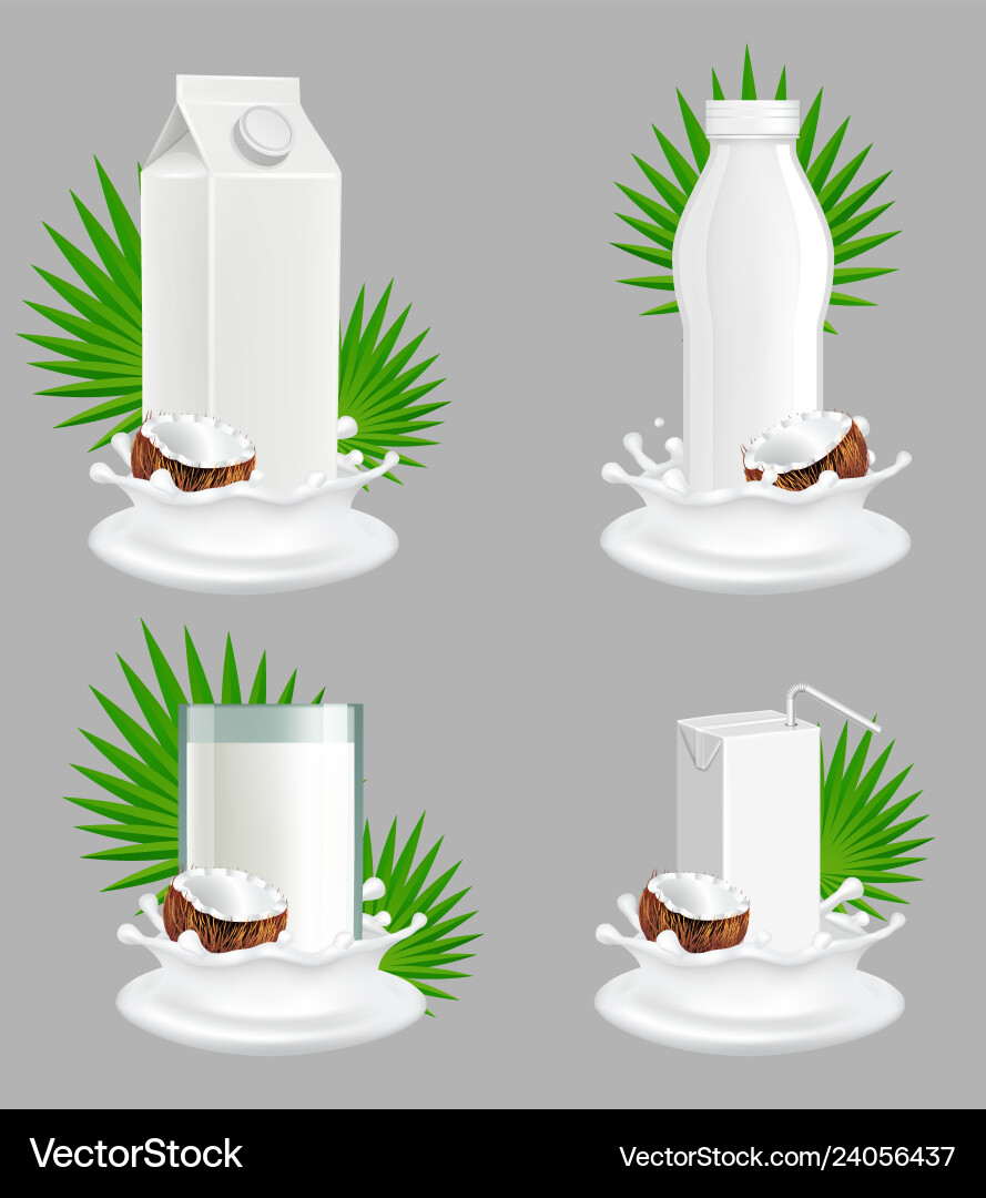 Coconut milk package realistic mockup set Vector Image