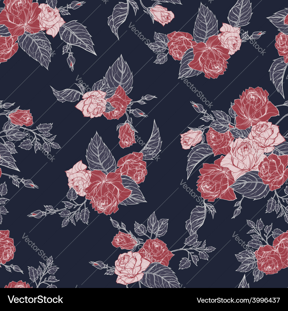 Seamless floral pattern with outline roses Vector Image