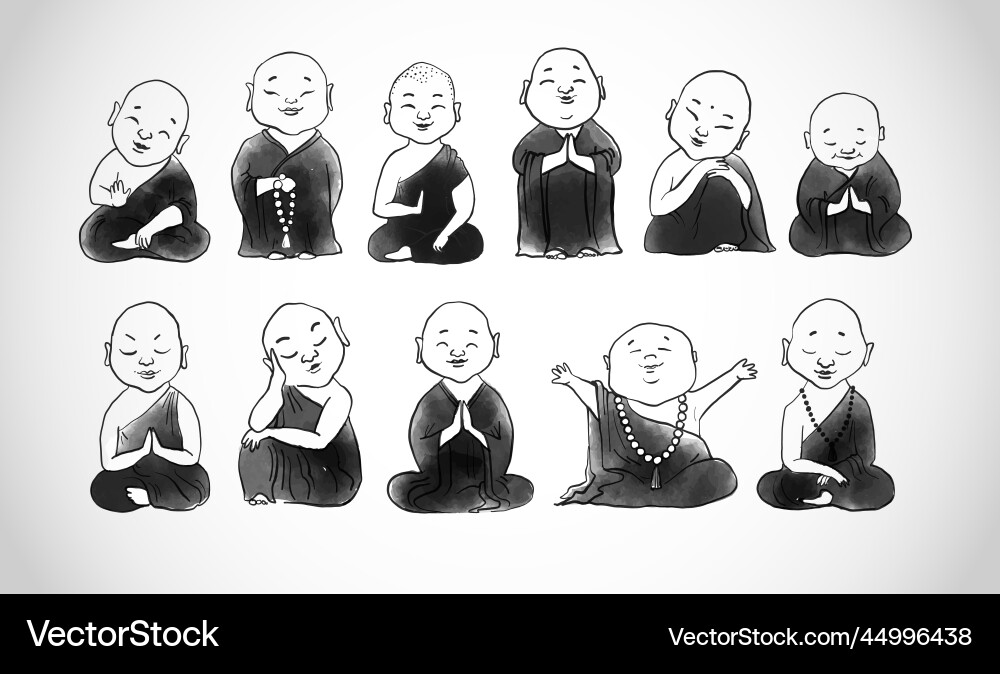 Little meditating buddhist monks traditional Vector Image