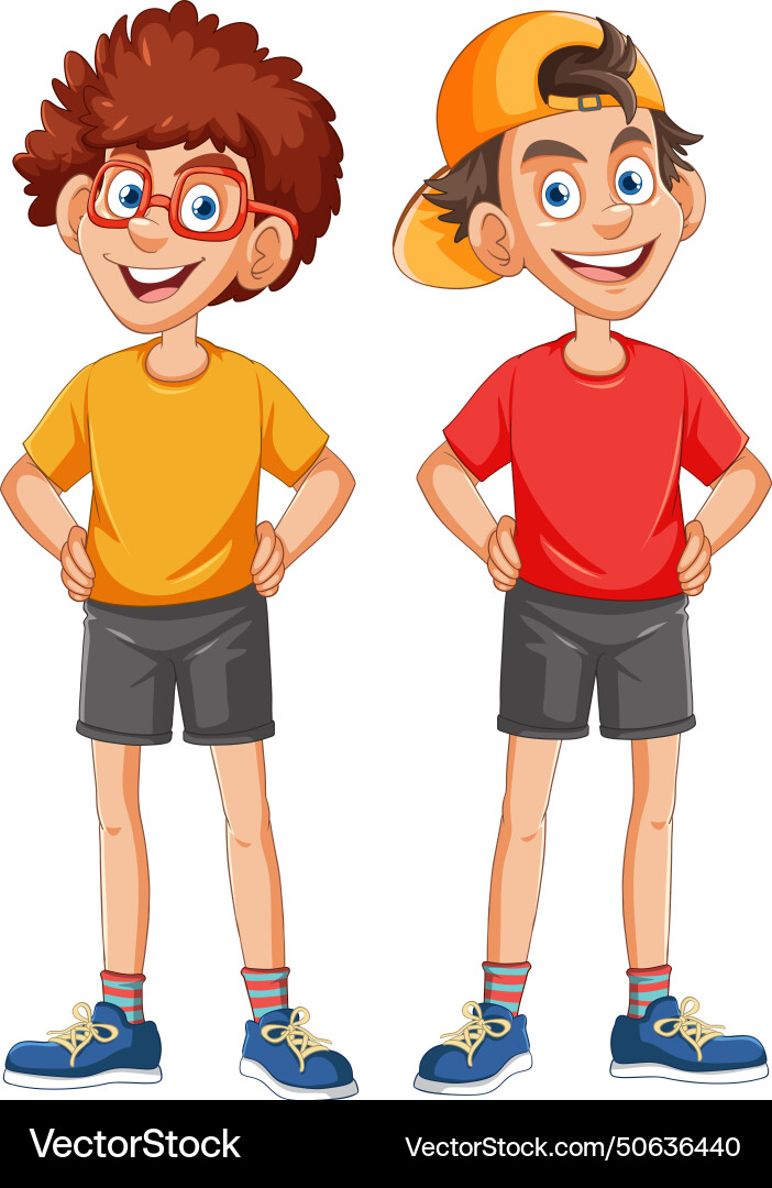Two cheerful animated boys posing with confidence Vector Image