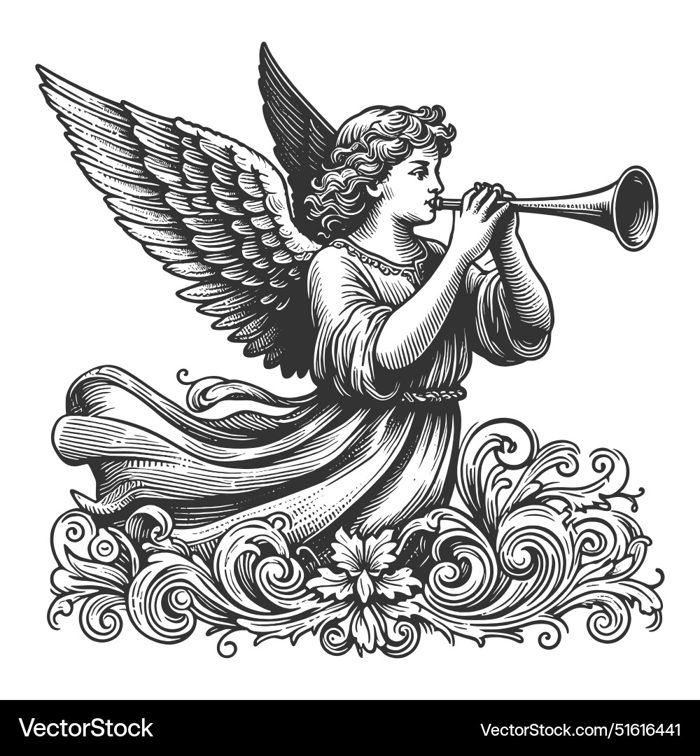 Angelic trumpeter with wings engraving Royalty Free Vector