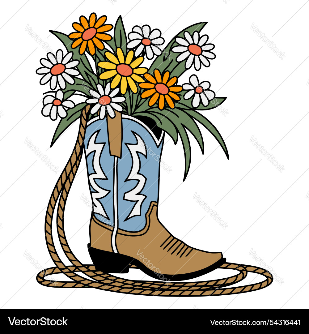 Decorative cowboy boot with wildflowers and lasso Vector Image