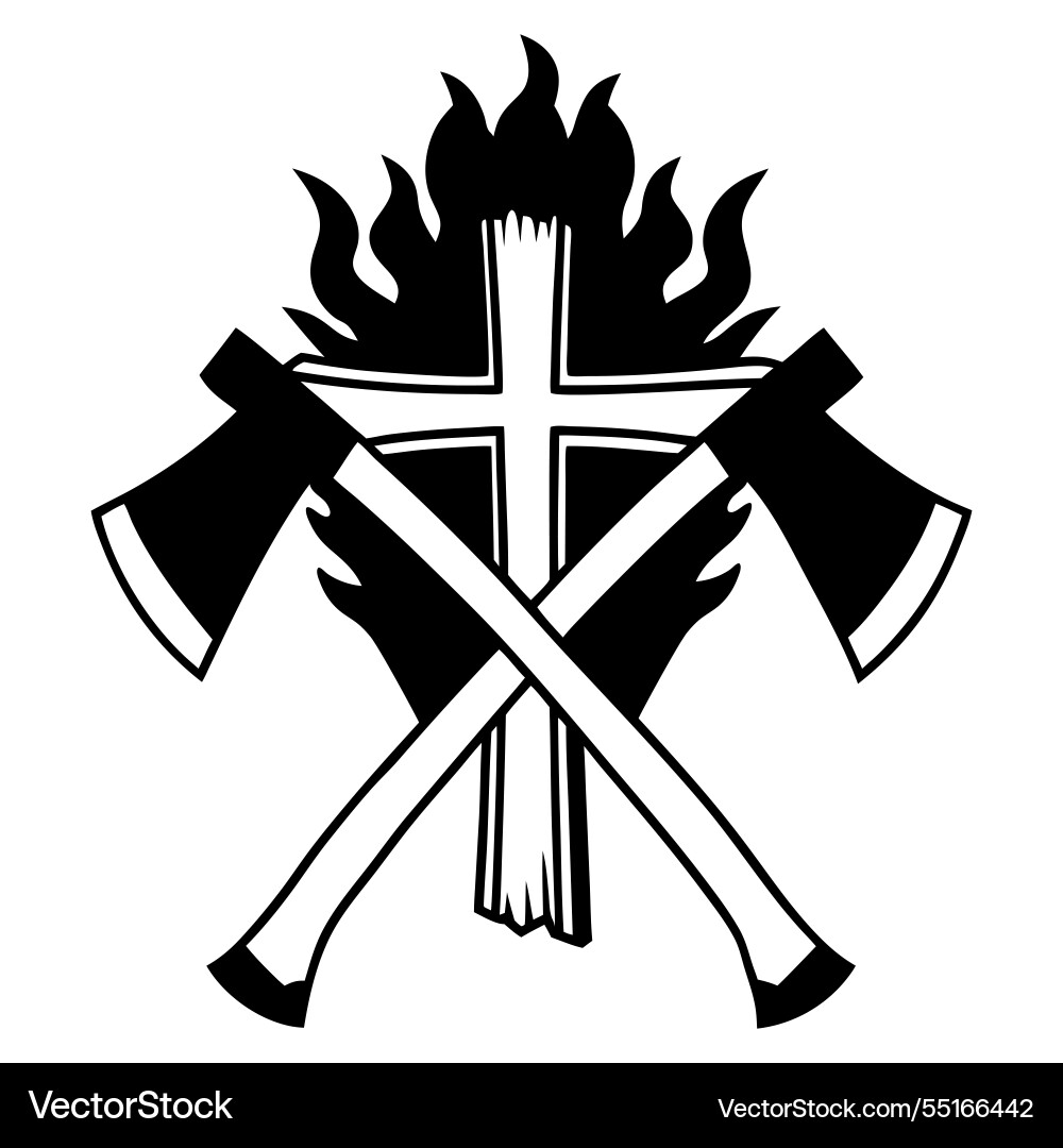 Crossed fire axes with flames and cross Royalty Free Vector