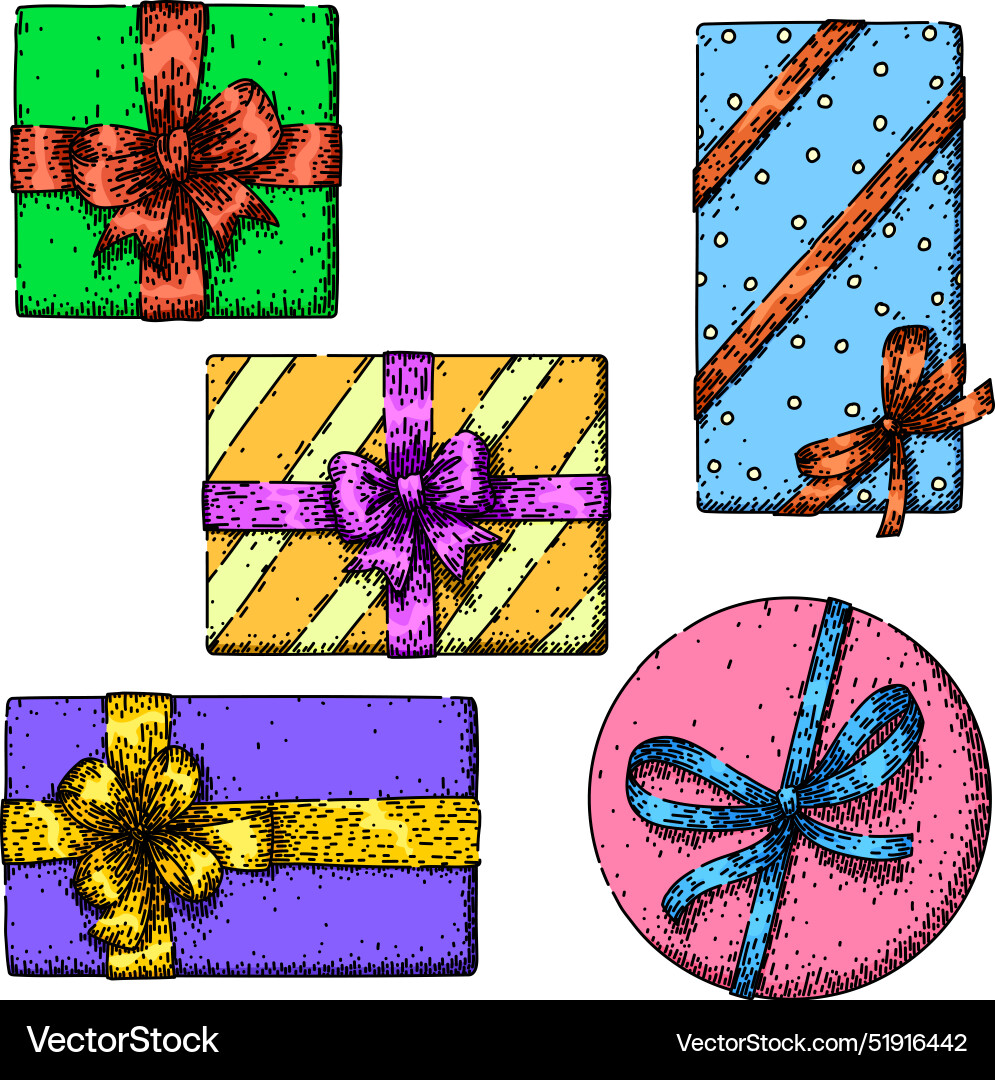 Gift box top view set sketch hand drawn Royalty Free Vector