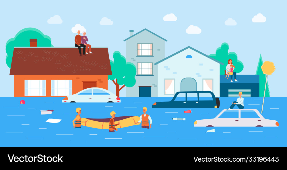 Rescue operation after flood with team helping Vector Image