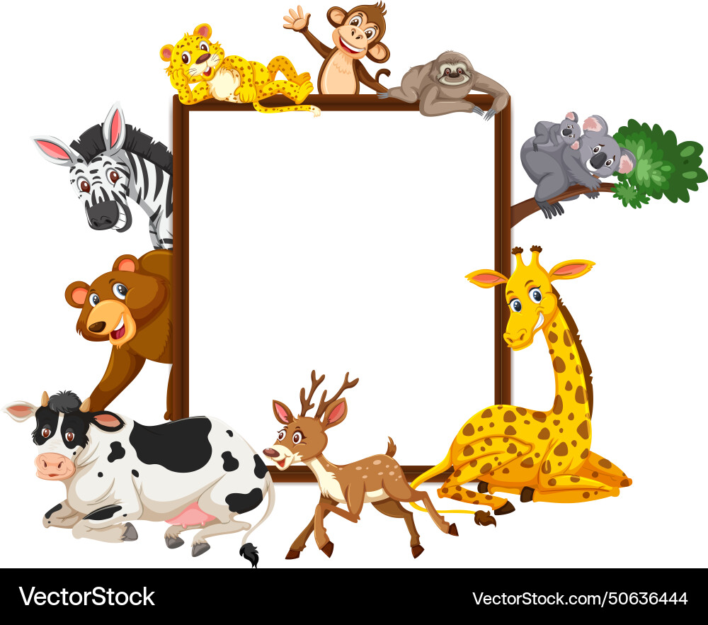 Colorful cartoon animals around a blank frame Vector Image