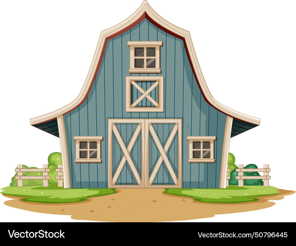 Cartoon-style blue barn with white trim Royalty Free Vector