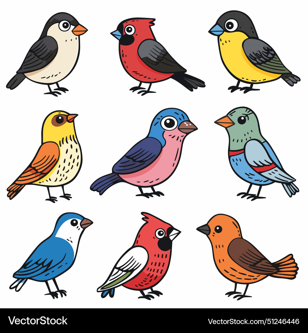 Colorful cartoon birds facing various directions Vector Image