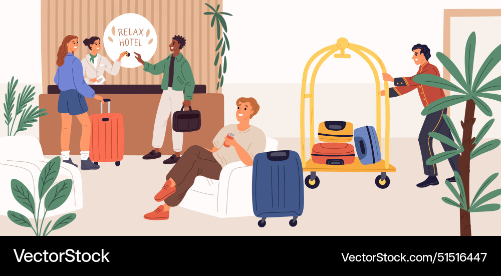 Hotel reception guests resting in lobby people Vector Image