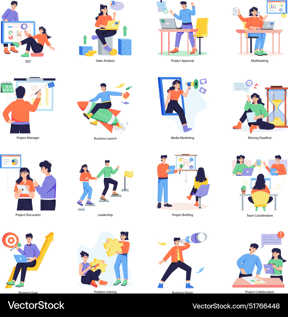 Pack of 16 project management flat Royalty Free Vector Image
