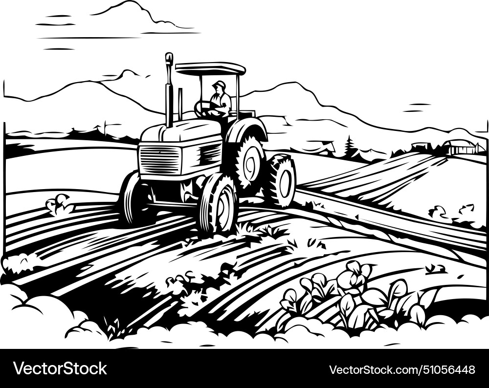 Tractor in the field on road Royalty Free Vector Image