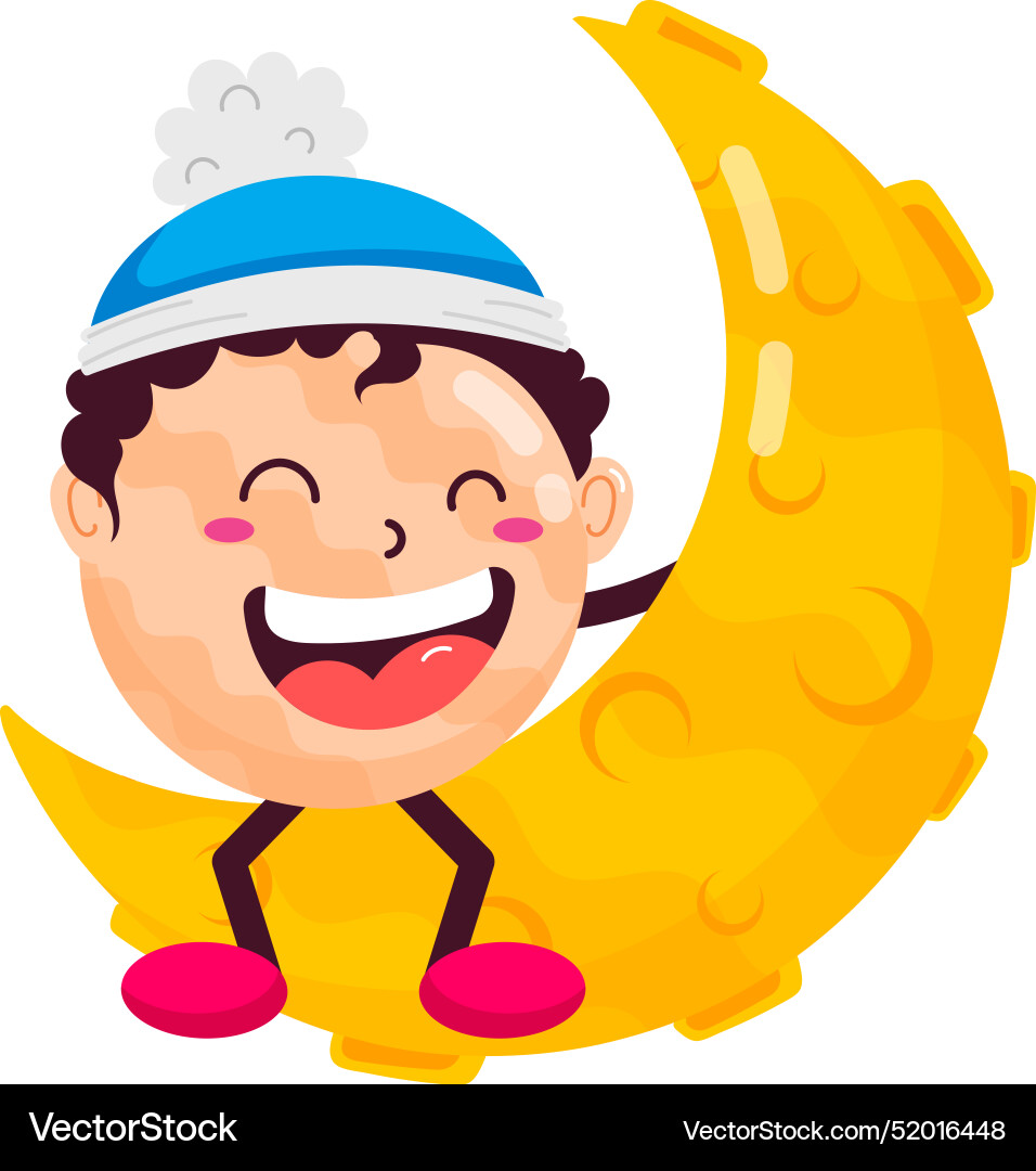 Weba smiling mascot sitting on the moon in a winte