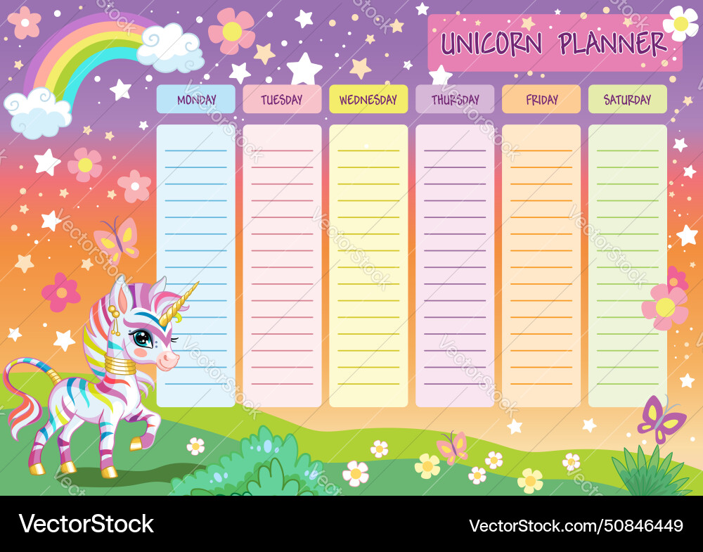 School schedule with cute zebra unicorn Royalty Free Vector