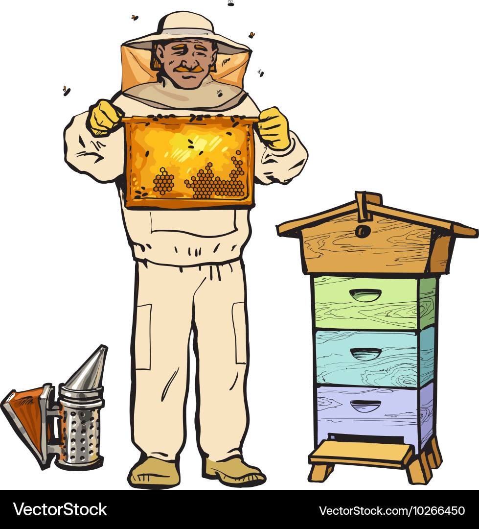 Beekeeper in protective gear holding honeycomb Vector Image