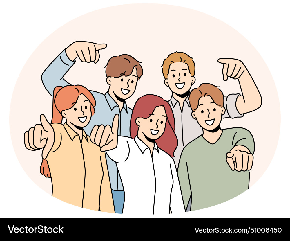 Group of smiling people point at screen Royalty Free Vector