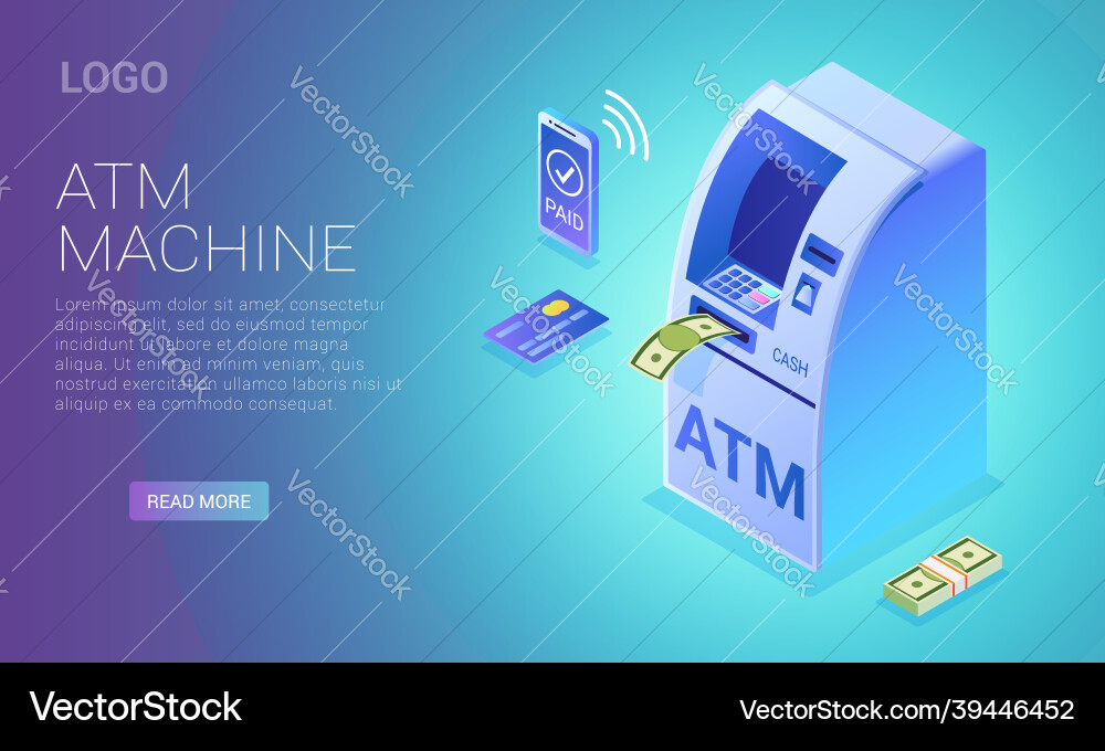 Cash terminal isometric contactless atm Royalty Free Vector