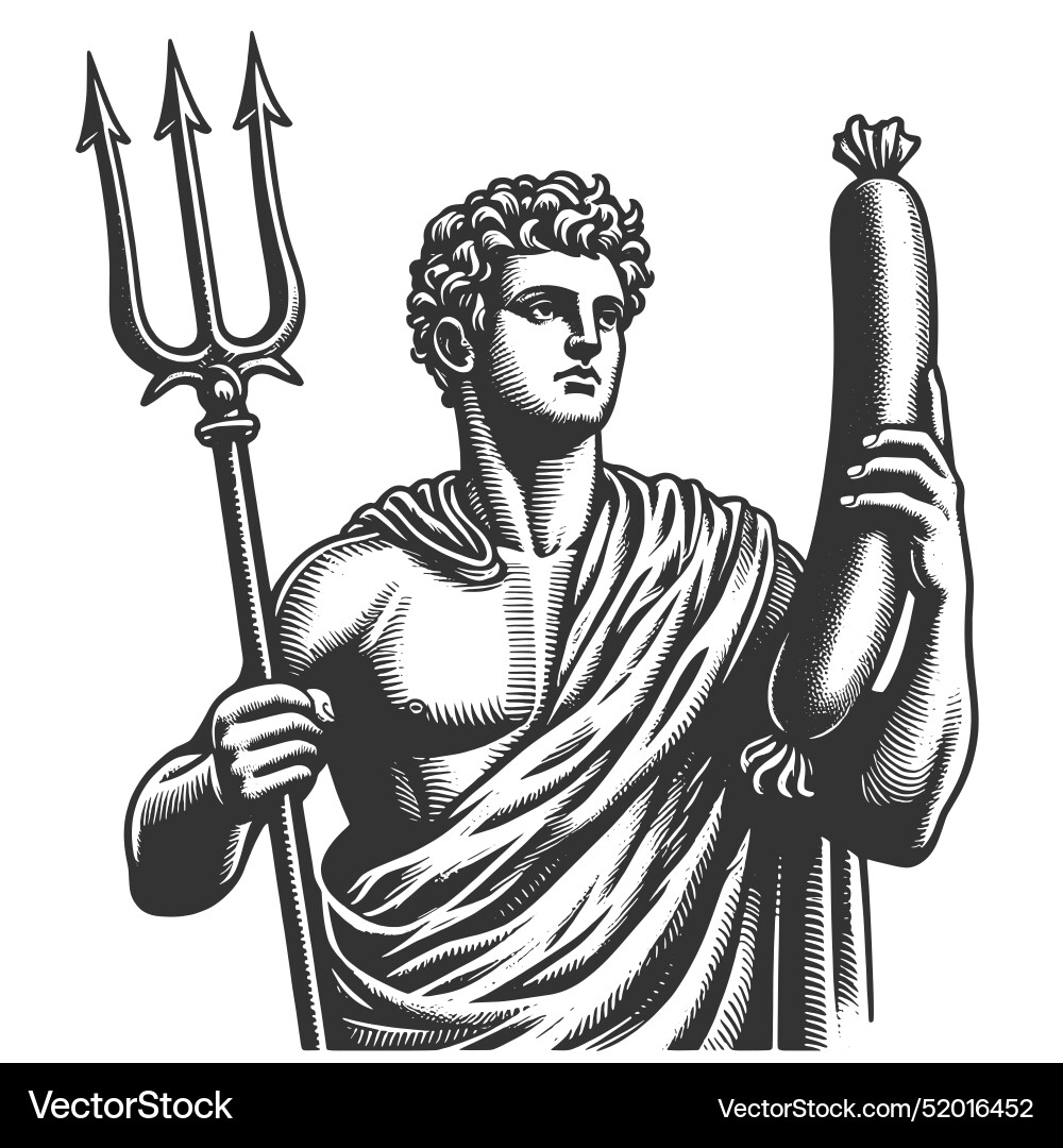 Poseidon holding trident sausage engraving Vector Image Poseidon holding trident sausage engraving Vector Image