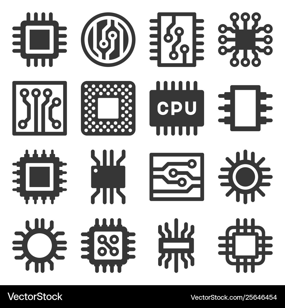 Electronic computer chips cpu icons set Royalty Free Vector