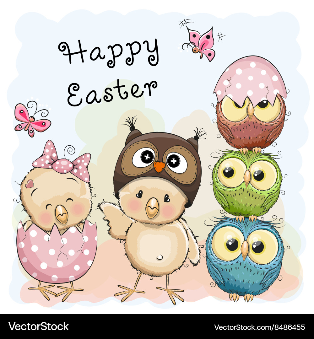 Cute Easter Chicks and Owls Royalty Free Vector Image