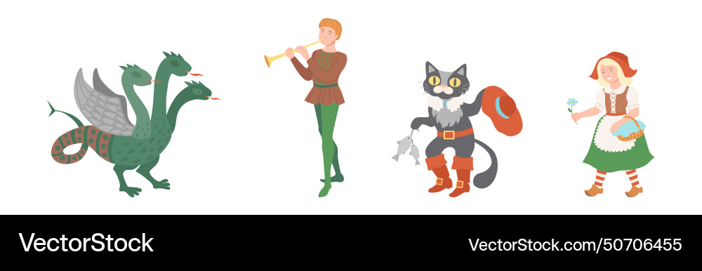 Fairy tales characters with dragon bard cat Vector Image