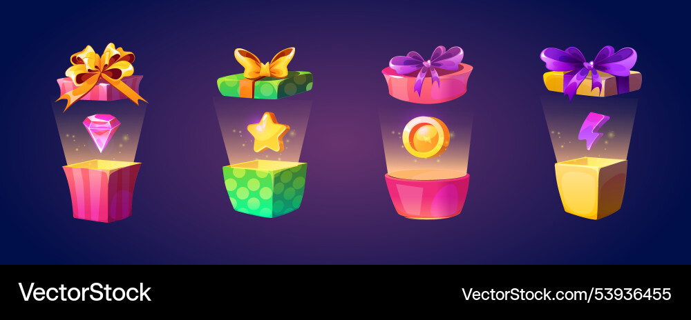 Open gift boxes with game loot won bonus icon Vector Image