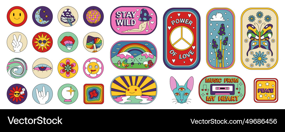 Groovy psychedelic stickers set retro funky Vector Image