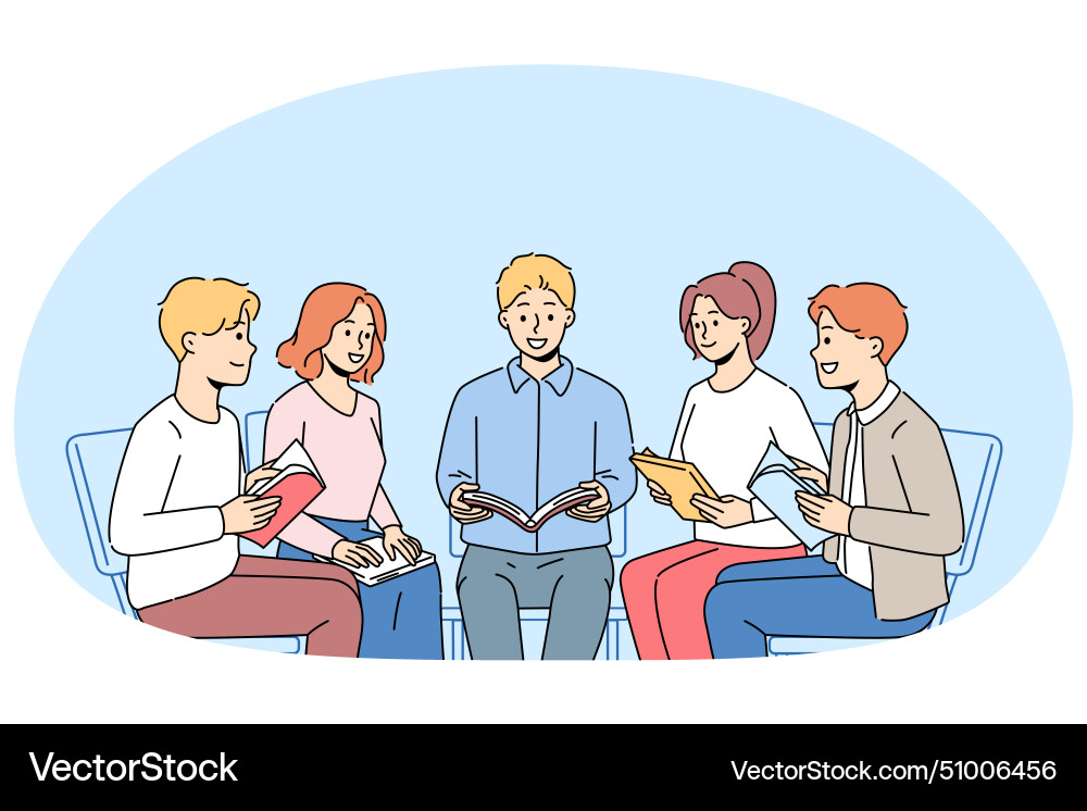 Smiling people reading book sitting in circle Vector Image