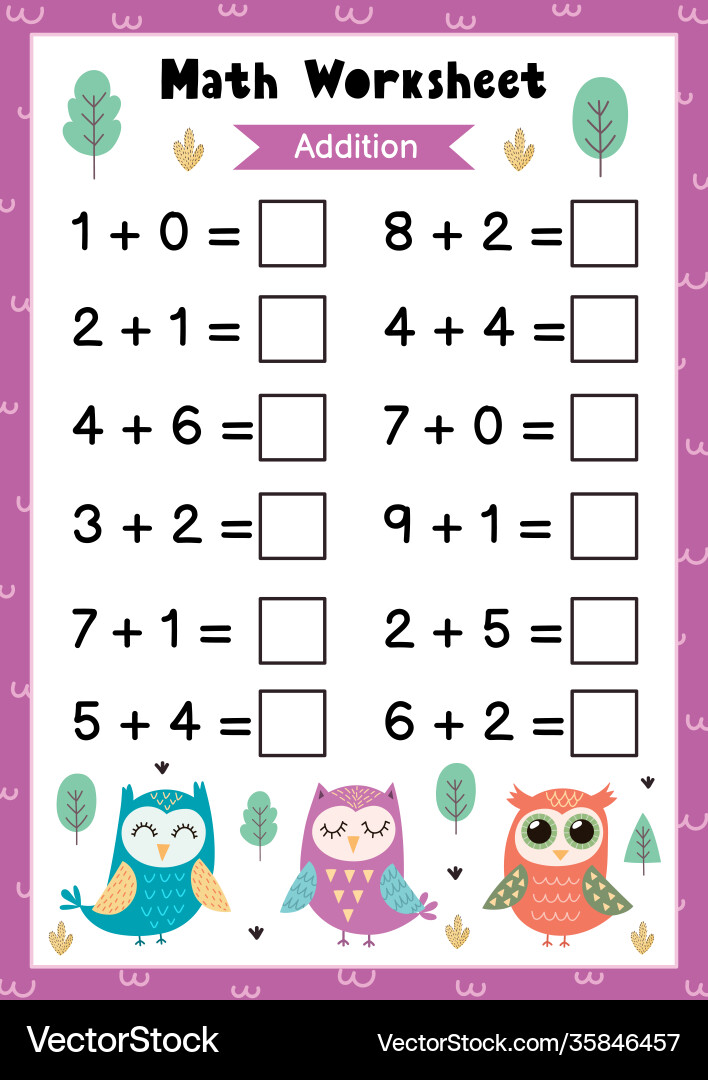 Cute Owl Addition Worksheet for Kids Royalty Free Vector
