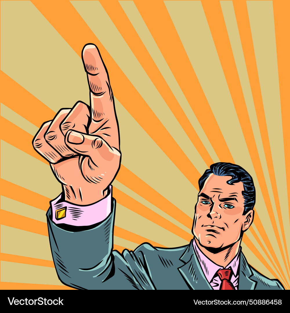Pop art retro a man in suit points with his Vector Image