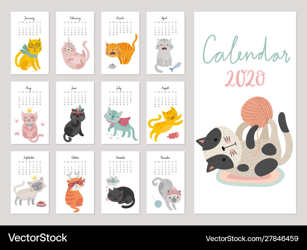 Cute Monthly Cat Calendar 2020 Royalty Free Vector Image