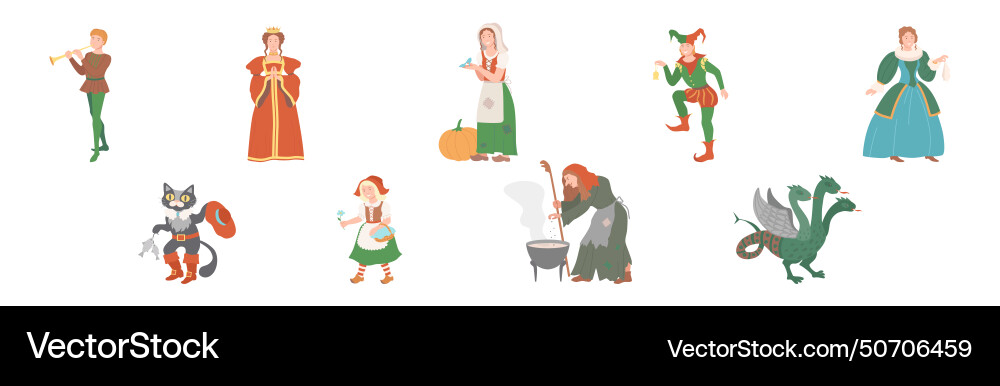 Fairy tales characters with queen bard jester Vector Image