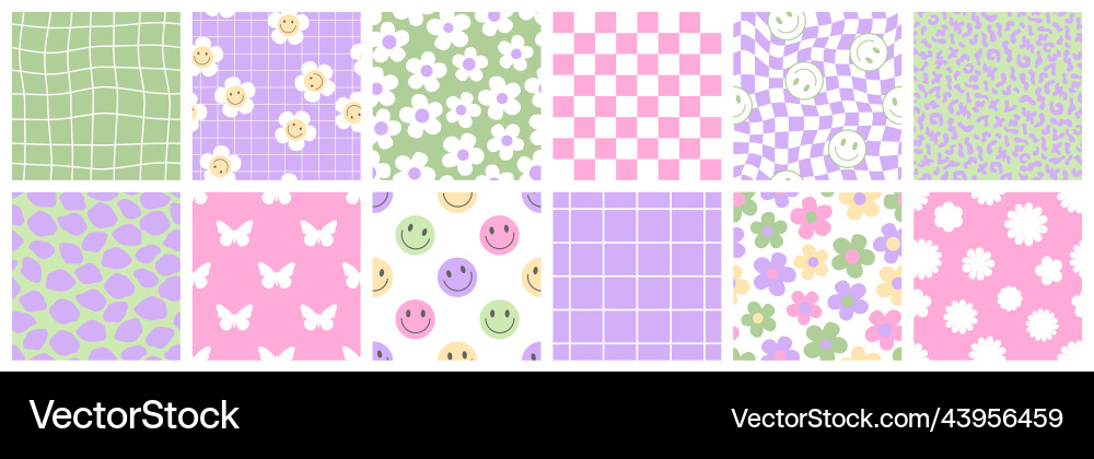 Y2k seamless patterns with butterfly daisy wave Vector Image