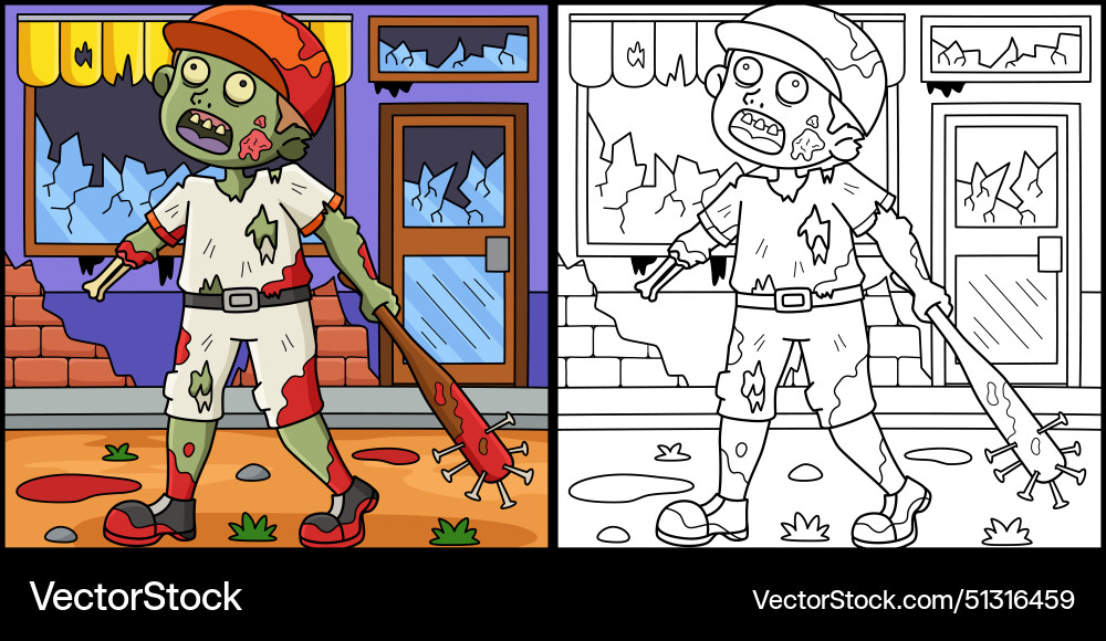 Zombie holding baseball bat coloring Royalty Free Vector