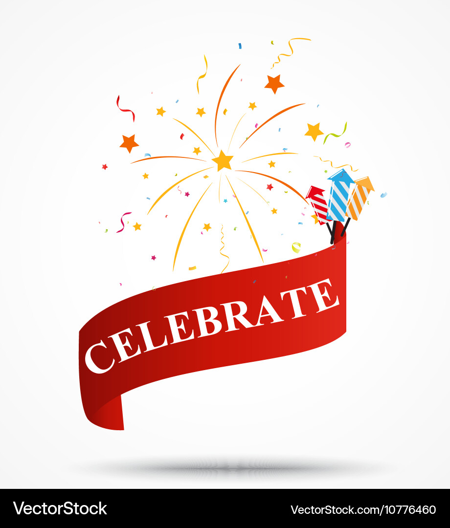 Celebration ribbon with fireworks Royalty Free Vector Image