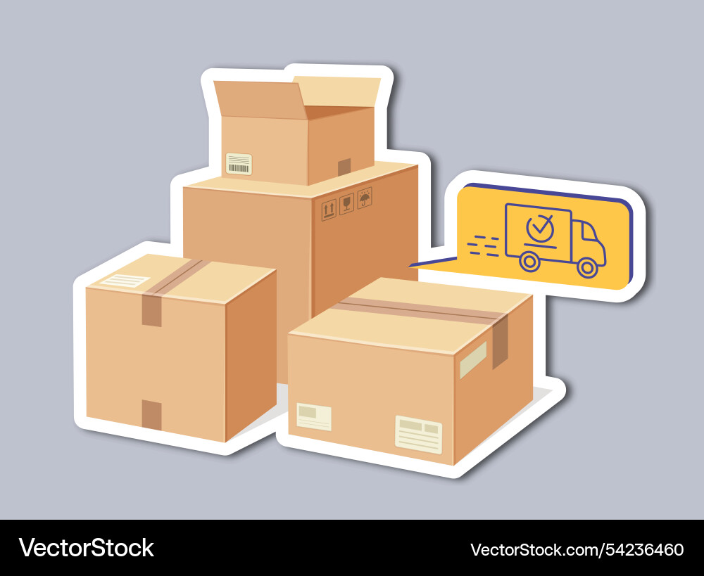 Delivery label stack of volumetric cardboard box Vector Image