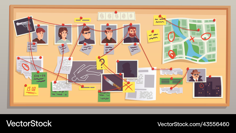 Investigation map investigating board with photo Vector Image