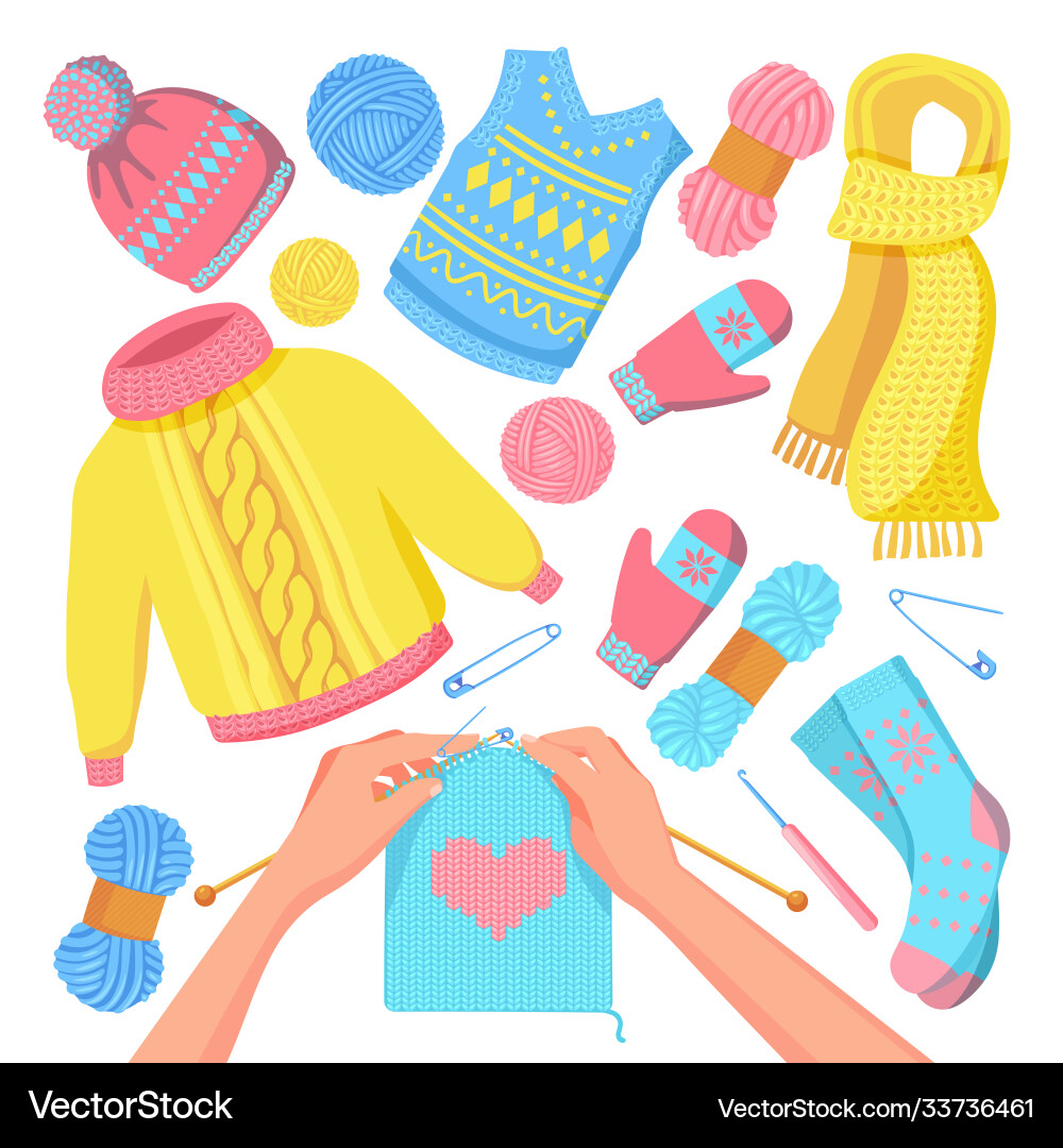 Knitted winter and autumn clothes set isolated Vector Image