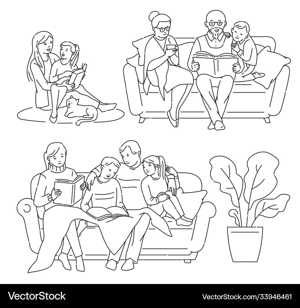 Line art set people reading a book sketch Vector Image