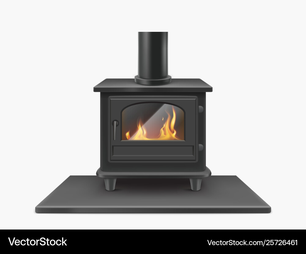 Wood burning stove iron fireplace with fire inside