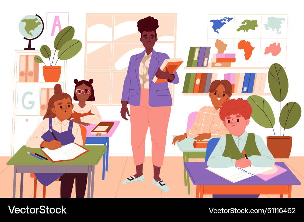 Pupils and teacher in classroom Royalty Free Vector Image