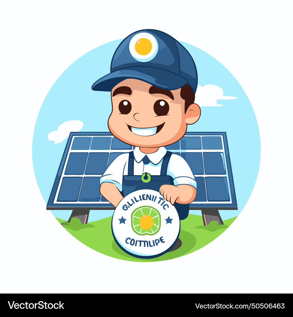 Electrician holding solar panel icon cartoon Vector Image