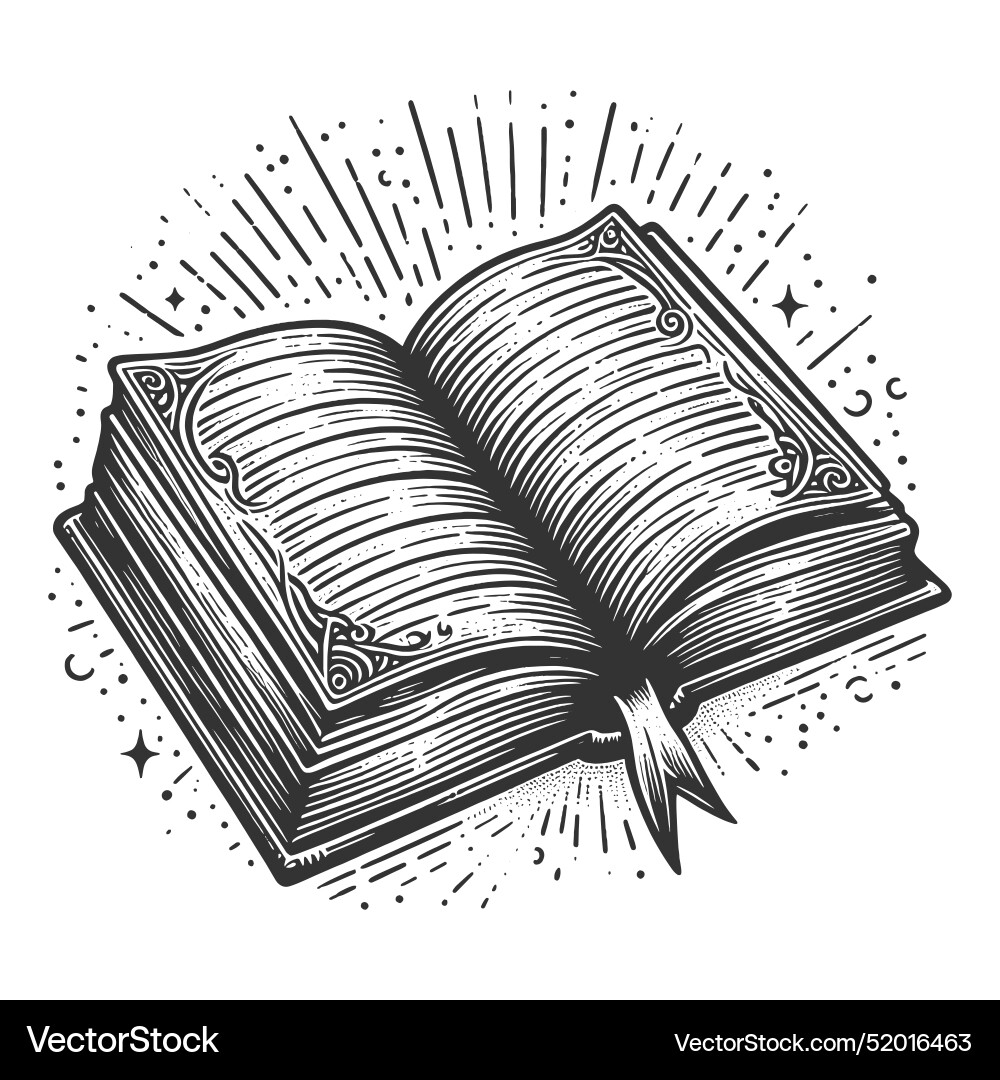 Magical open book engraving Royalty Free Vector Image