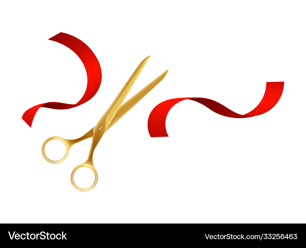 Red ribbon cutting with scissors mockup realistic Vector Image