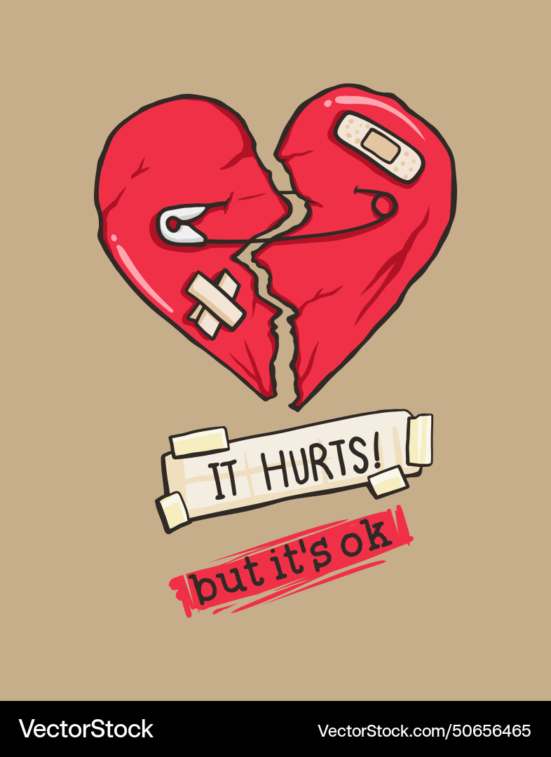 Broken heart fix with pin and bandages Royalty Free Vector