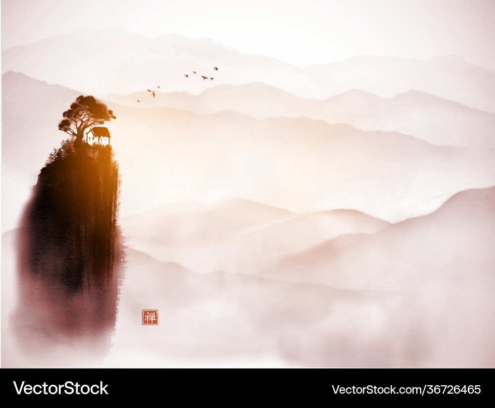 Chinese landscape with small house on high hill Vector Image