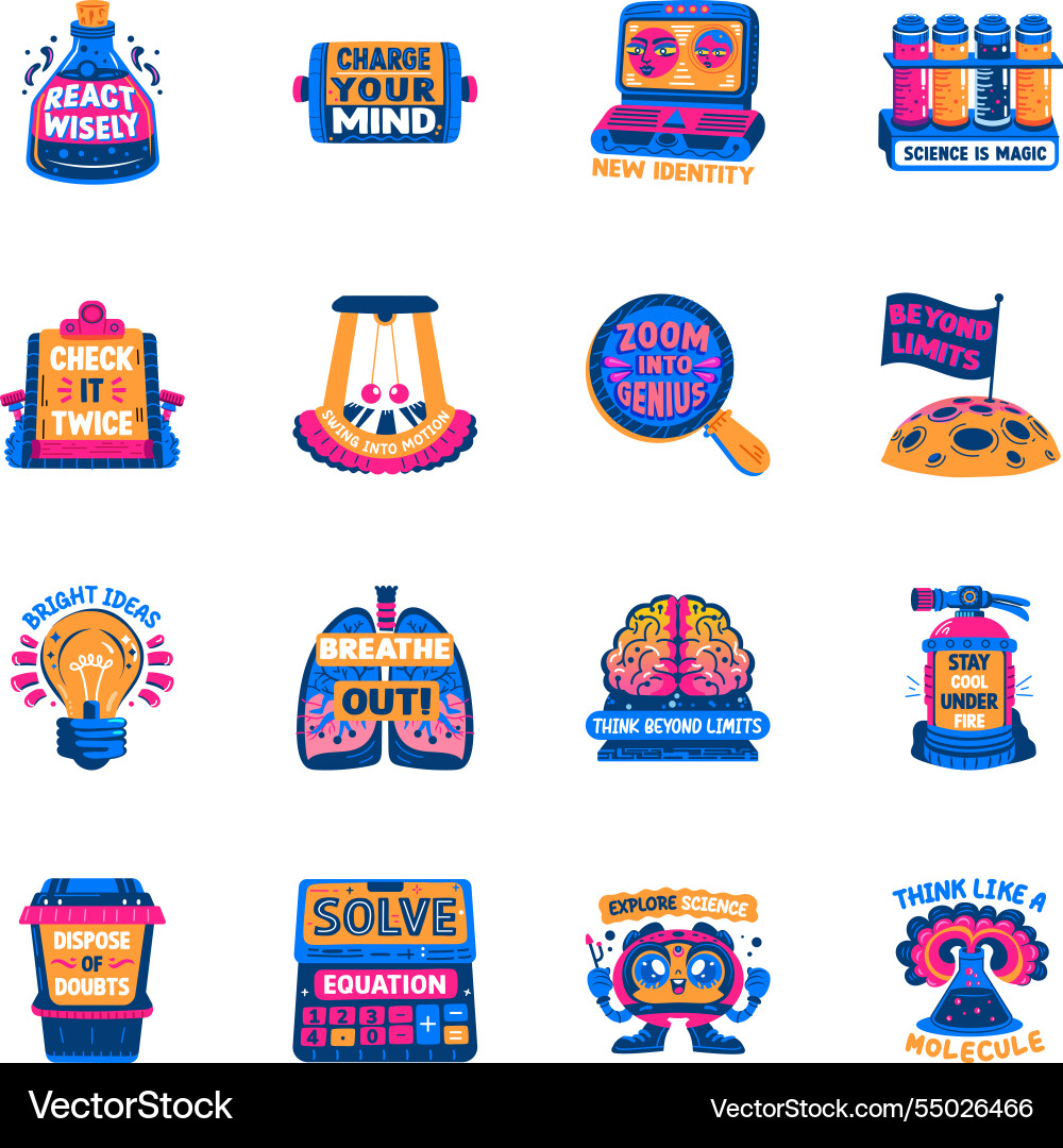 Collection of 16 flat style science stickers Vector Image