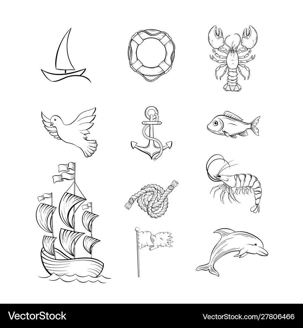 Ocean Line Art Set Royalty Free Vector Image - VectorStock