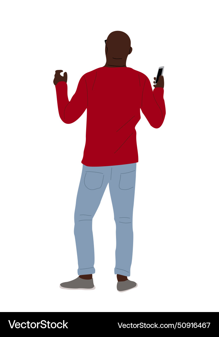 Black man standing rear view with mobile phone Vector Image